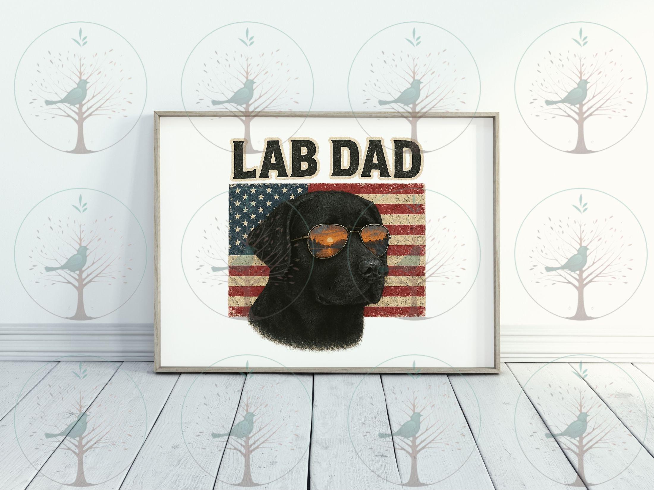 Lab Dad PNG, Patriotic Black Lab Dog Clipart With Sunglasses and Flag ...