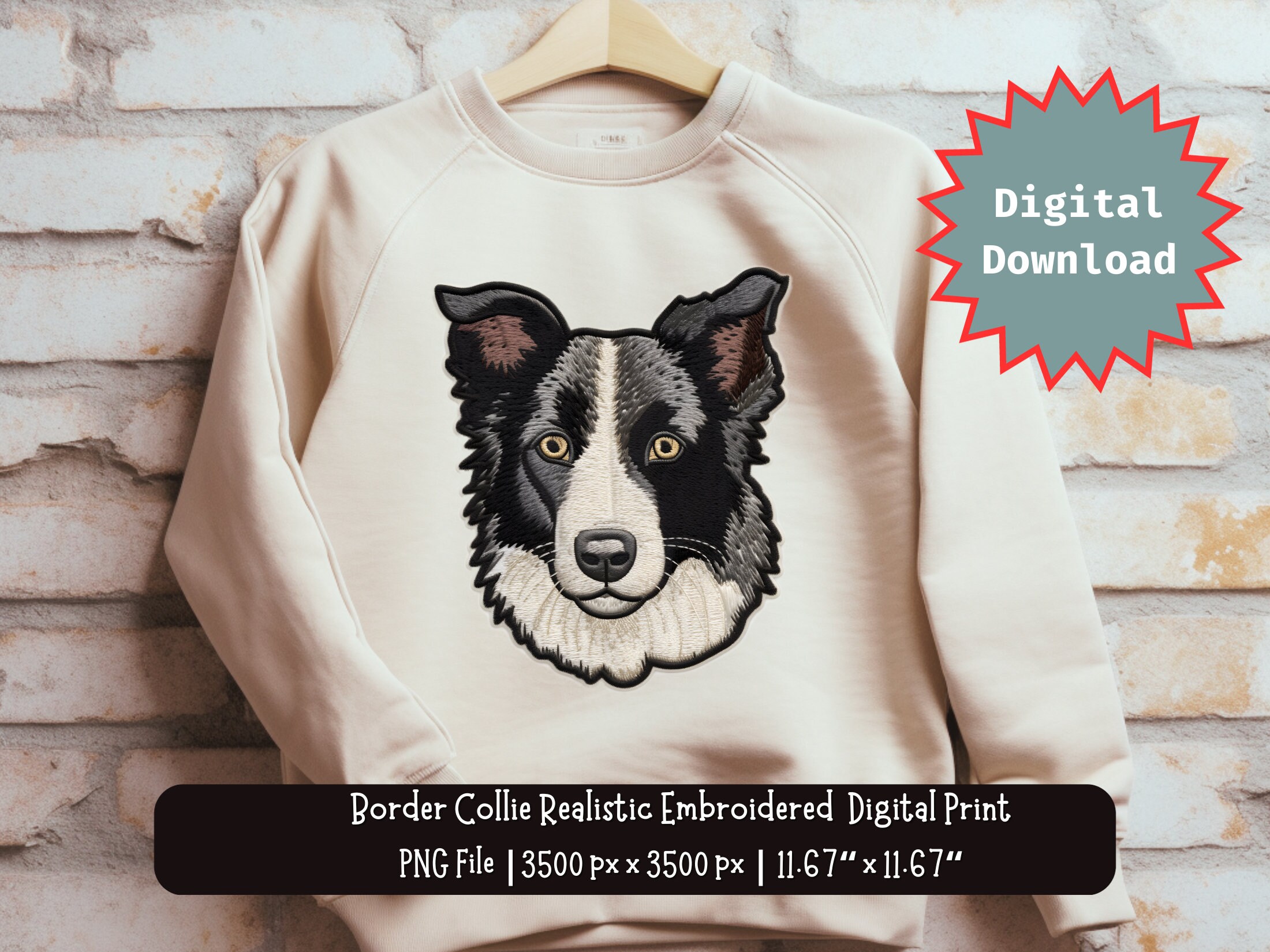 Border Collie Embroidery Clip Art, Realistic Dog Design (PNG Digital ...
