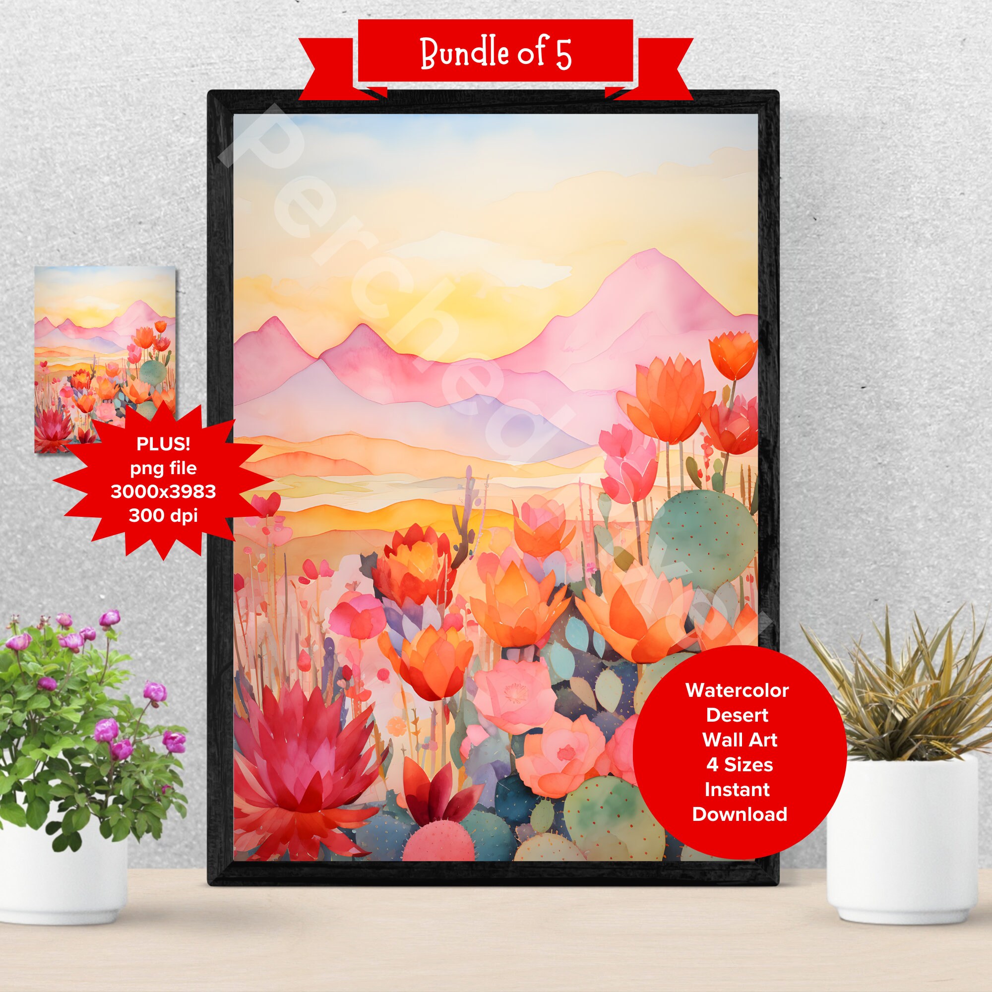 Watercolor Desert Scene, PRINTABLE Digital File, Cactus, Spring Wall ...