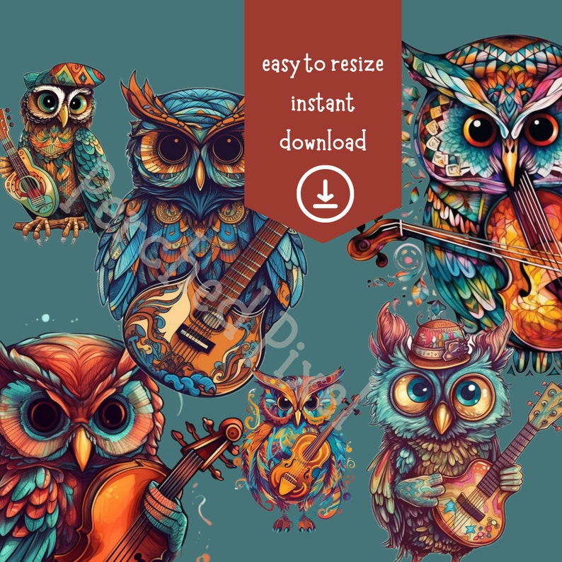 Cute Owls, Unique Owls, Clipart Bundle, Musical, Guitar, Violin ...