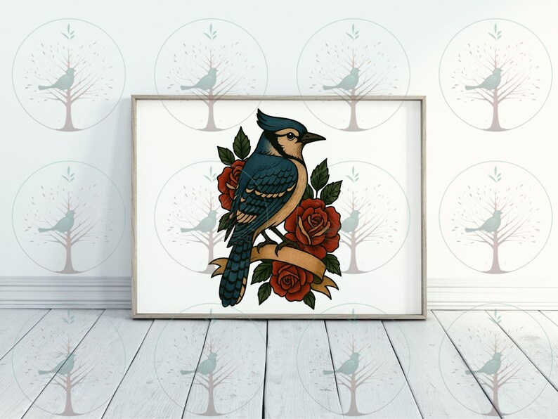 Traditional Blue Jay Tattoo PNG, Vintage Bird, Red Rose Clipart, Old ...