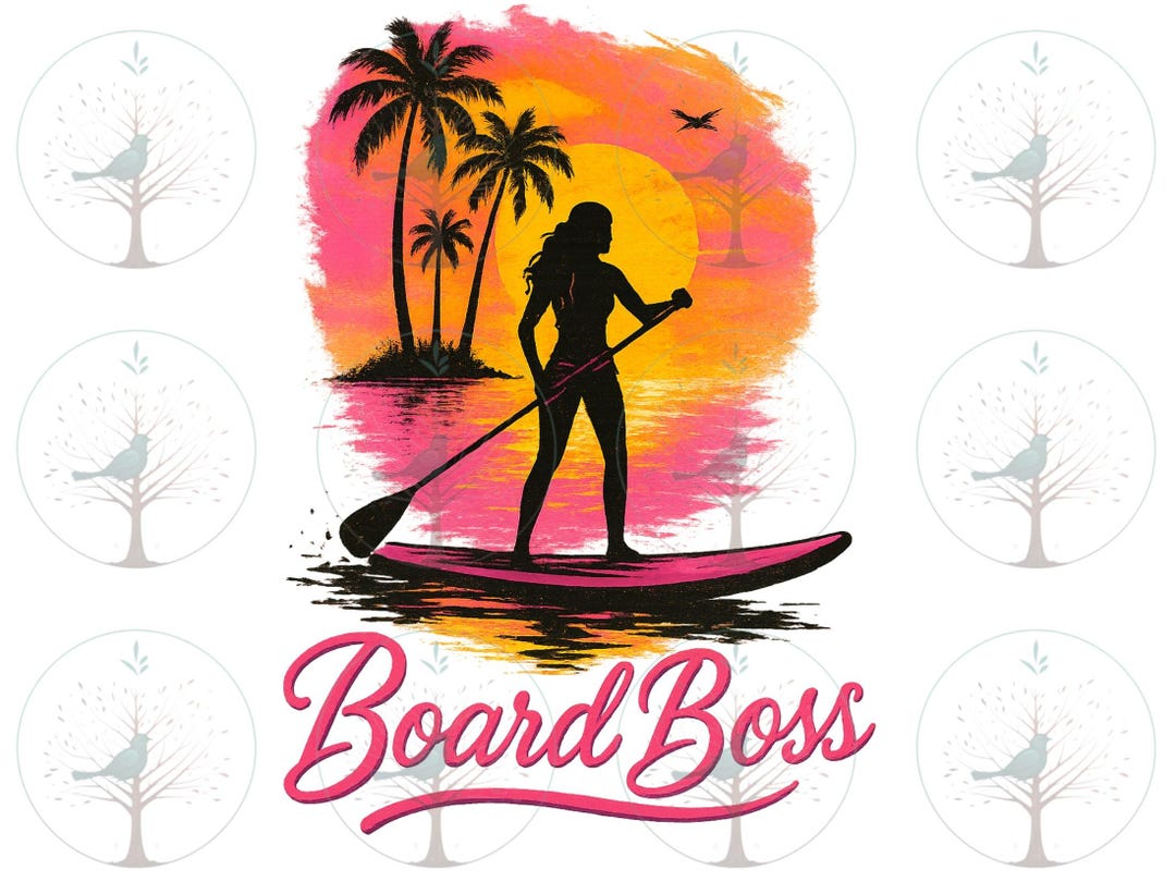 Board Boss Paddle Board Art for Women, Tropical Sunset SUP Girl Design ...
