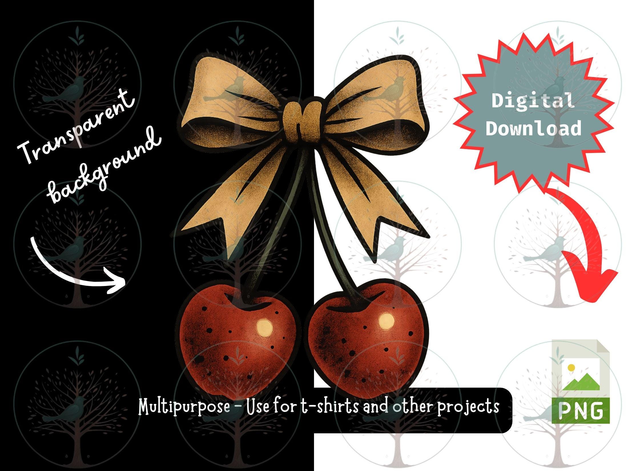 Vintage Cherry Flash Art PNG, Coquette Tattoo Style Cherry With Bow ...