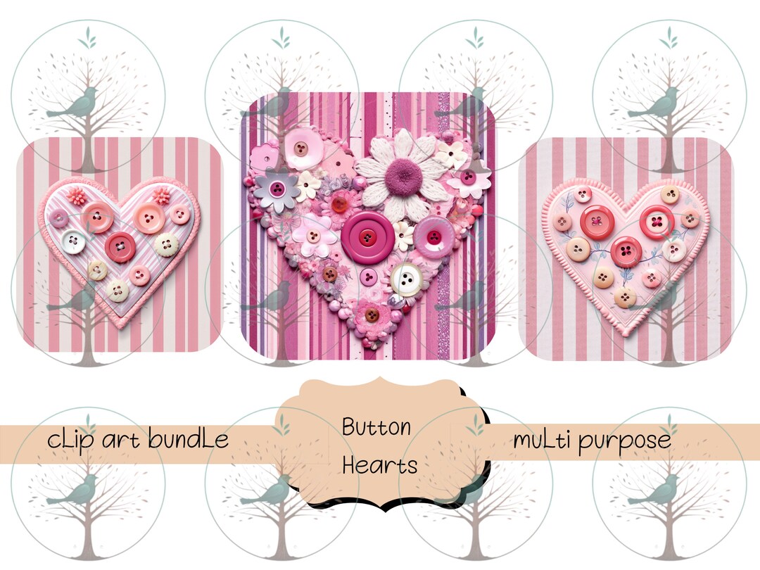 Button Hearts Clip Art Bundle, Valentines PNG, Ephemera Scrapbook, Junk ...