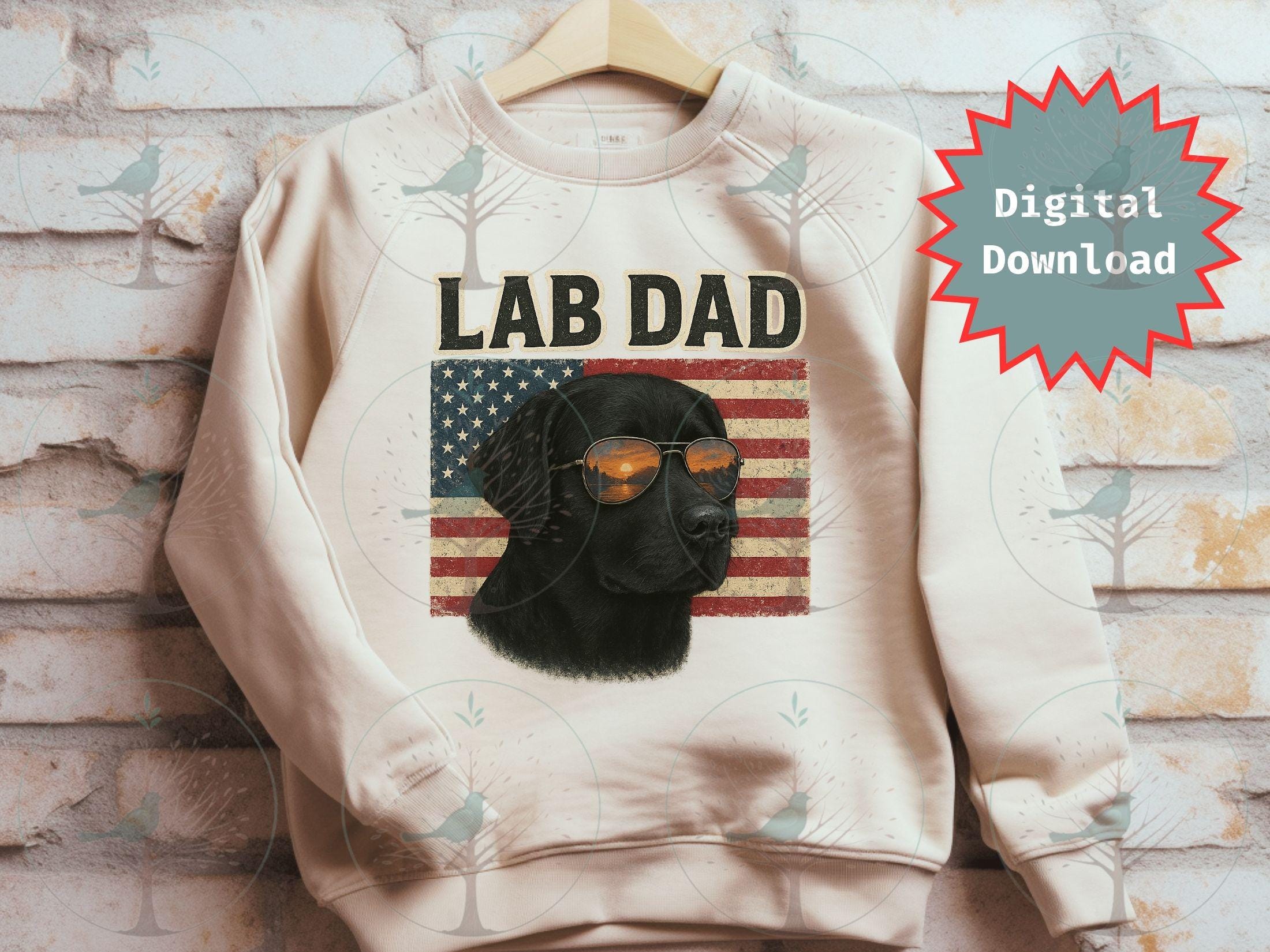 Lab Dad PNG, Patriotic Black Lab Dog Clipart With Sunglasses and Flag ...