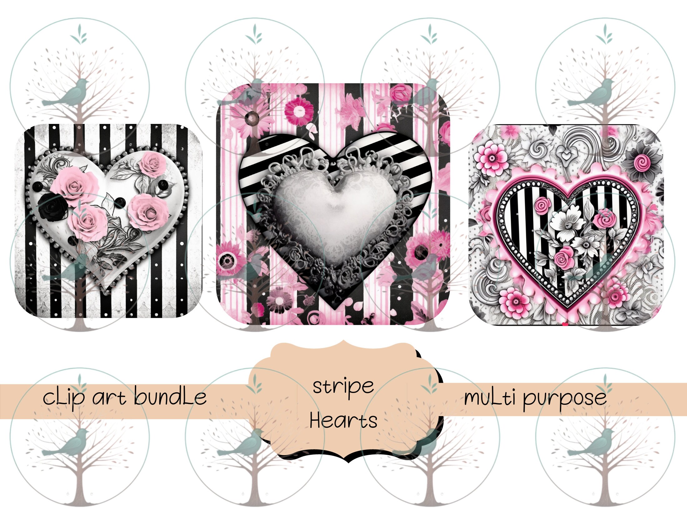 Striped Hearts Clip Art Bundle, Valentines Day PNG, Pink Ephemera ...