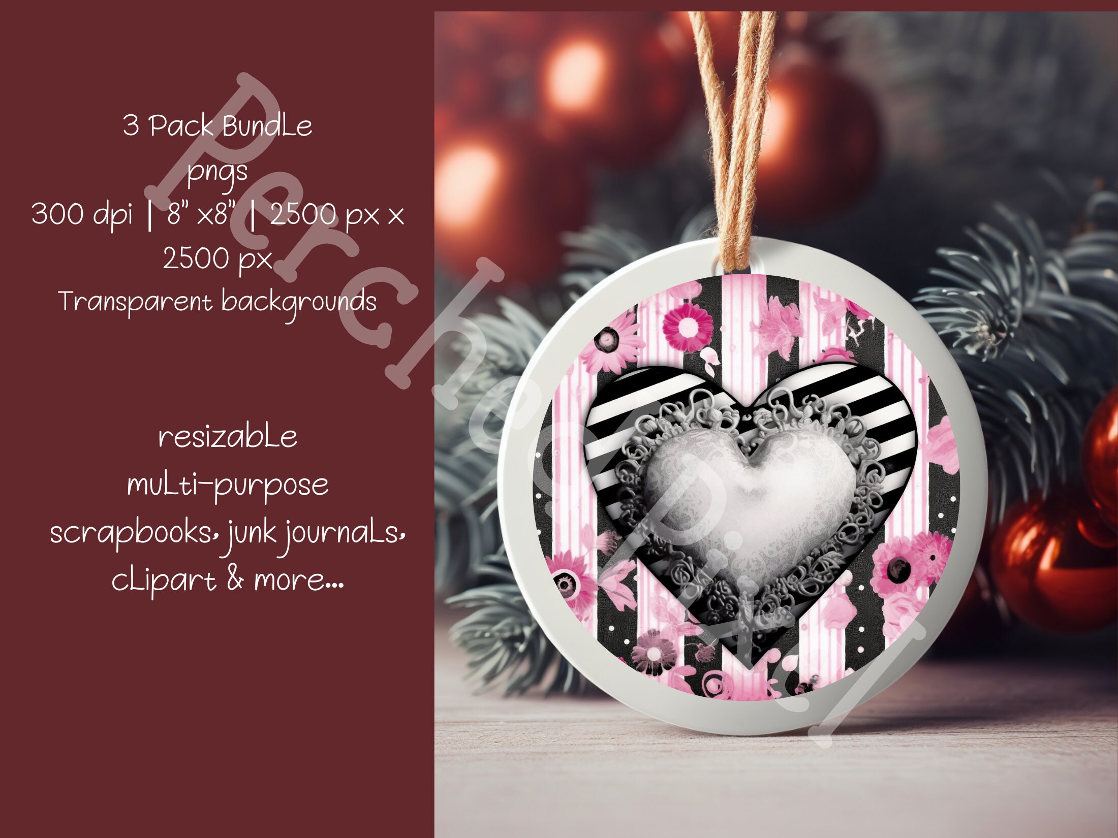 Striped Hearts Clip Art Bundle, Valentines Day PNG, Pink Ephemera ...