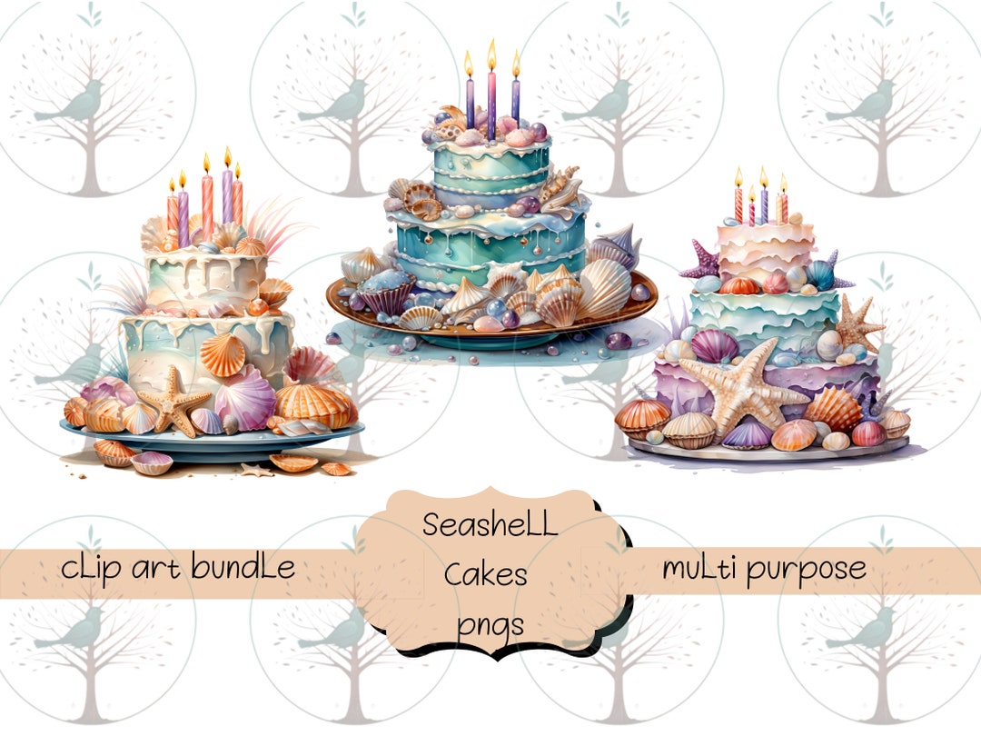 Seashell Birthday Cakes Clip Art, Watercolor Mermaid, Scrapbook, Junk ...