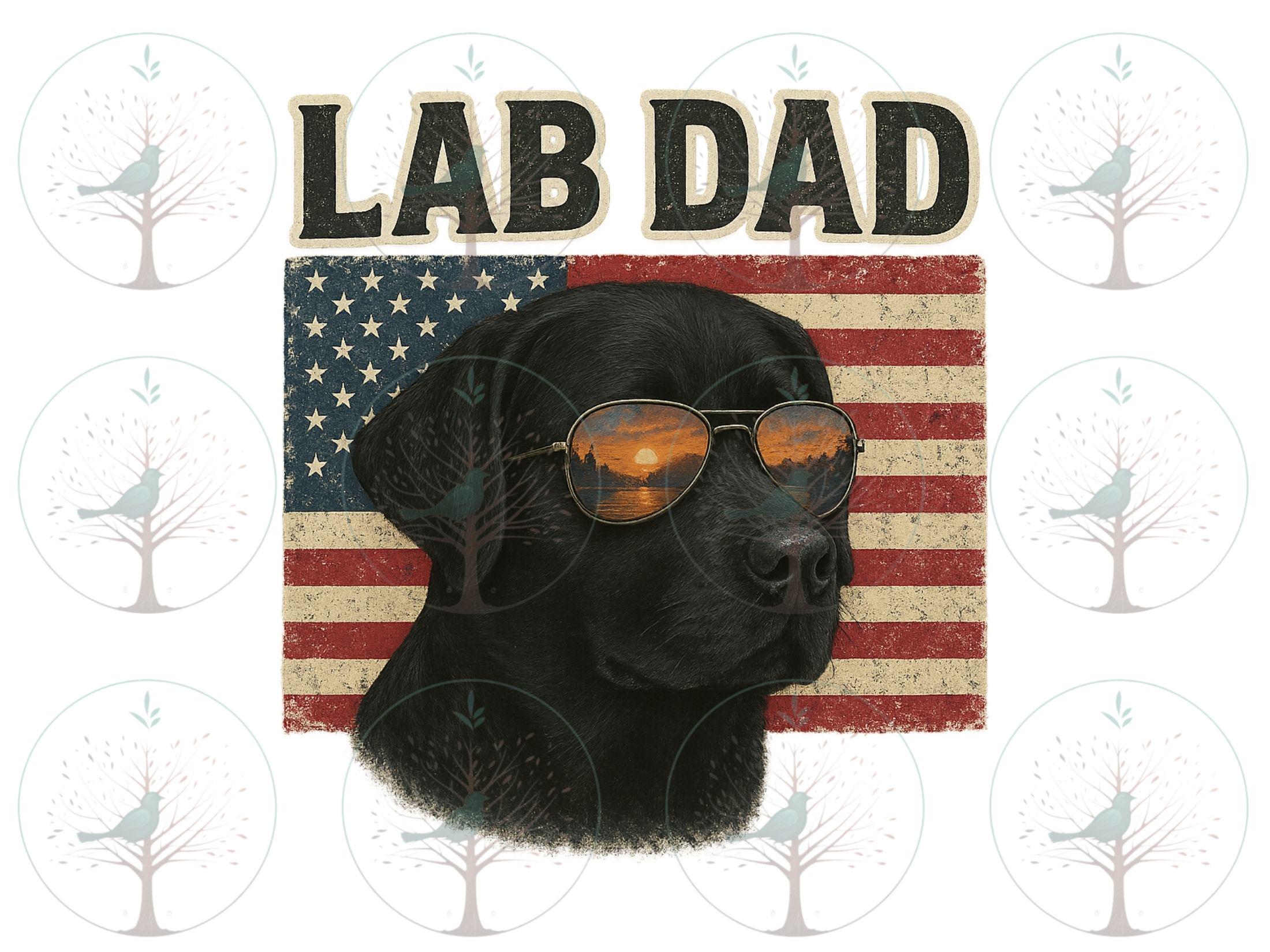 Lab Dad PNG, Patriotic Black Lab Dog Clipart With Sunglasses and Flag ...