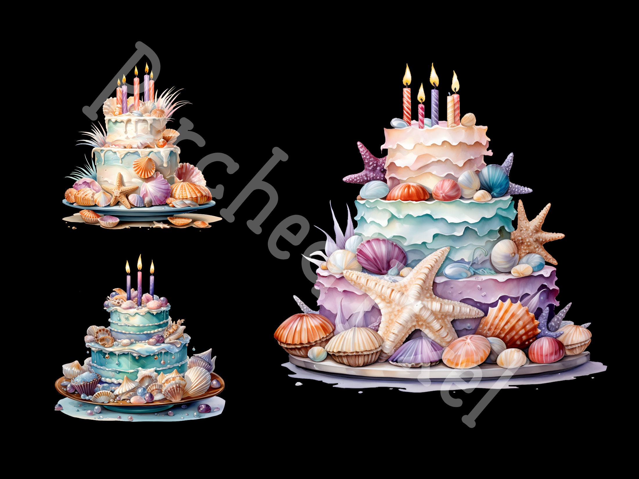 Seashell Birthday Cakes Clip Art, Watercolor Mermaid, Scrapbook, Junk ...