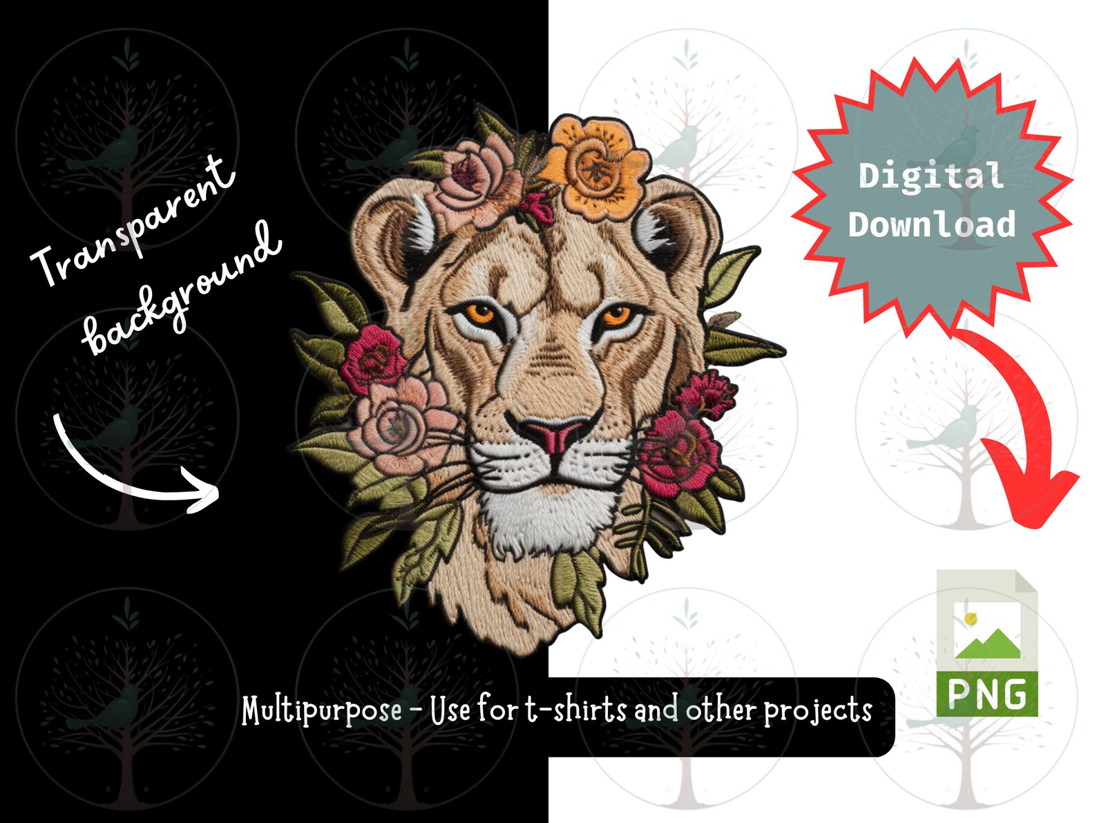 Floral Lioness Faux Embroidery Patch, Safari Animal PNG (digital File ...