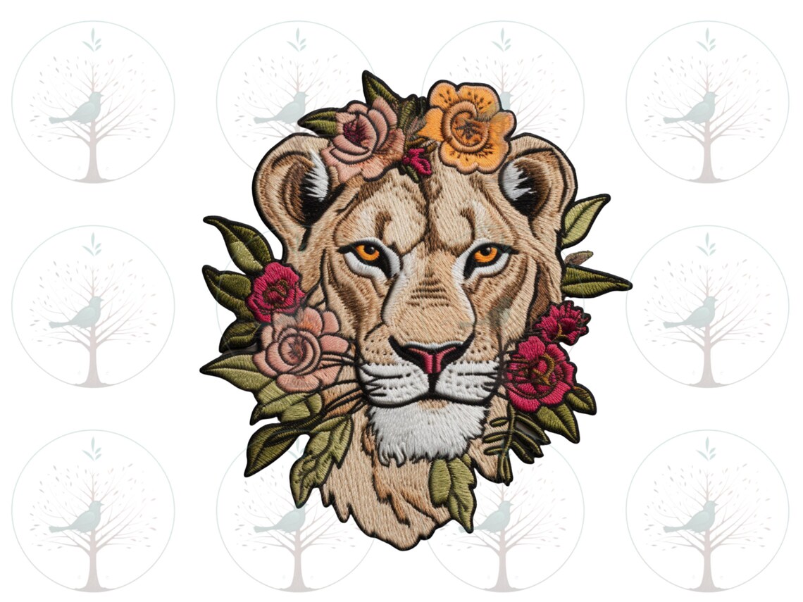 Floral Lioness Faux Embroidery Patch, Safari Animal PNG (digital File ...
