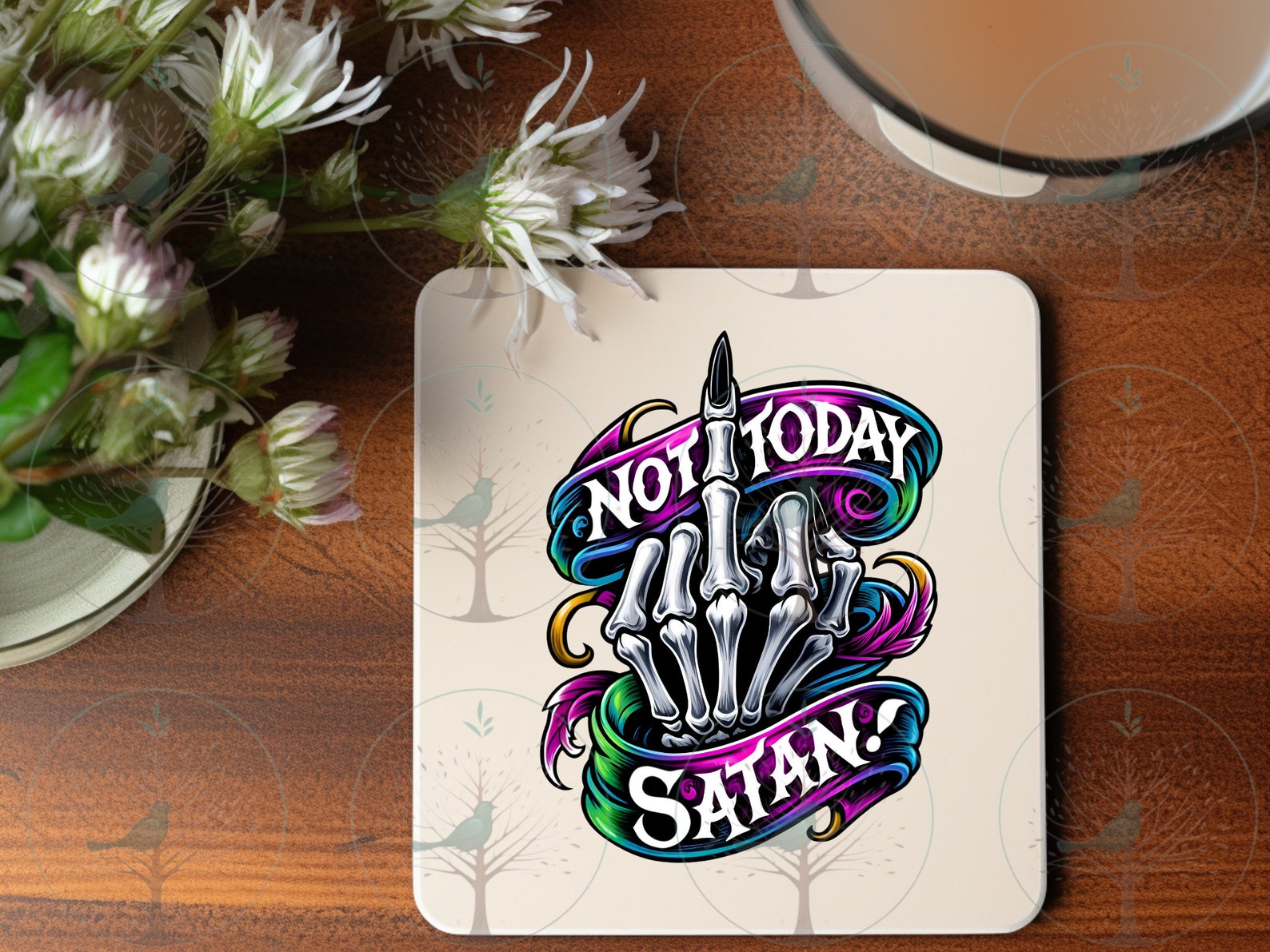 Not Today Satan, Skeleton Hand, Purple, Green, Tattoo Style, Flash Art ...
