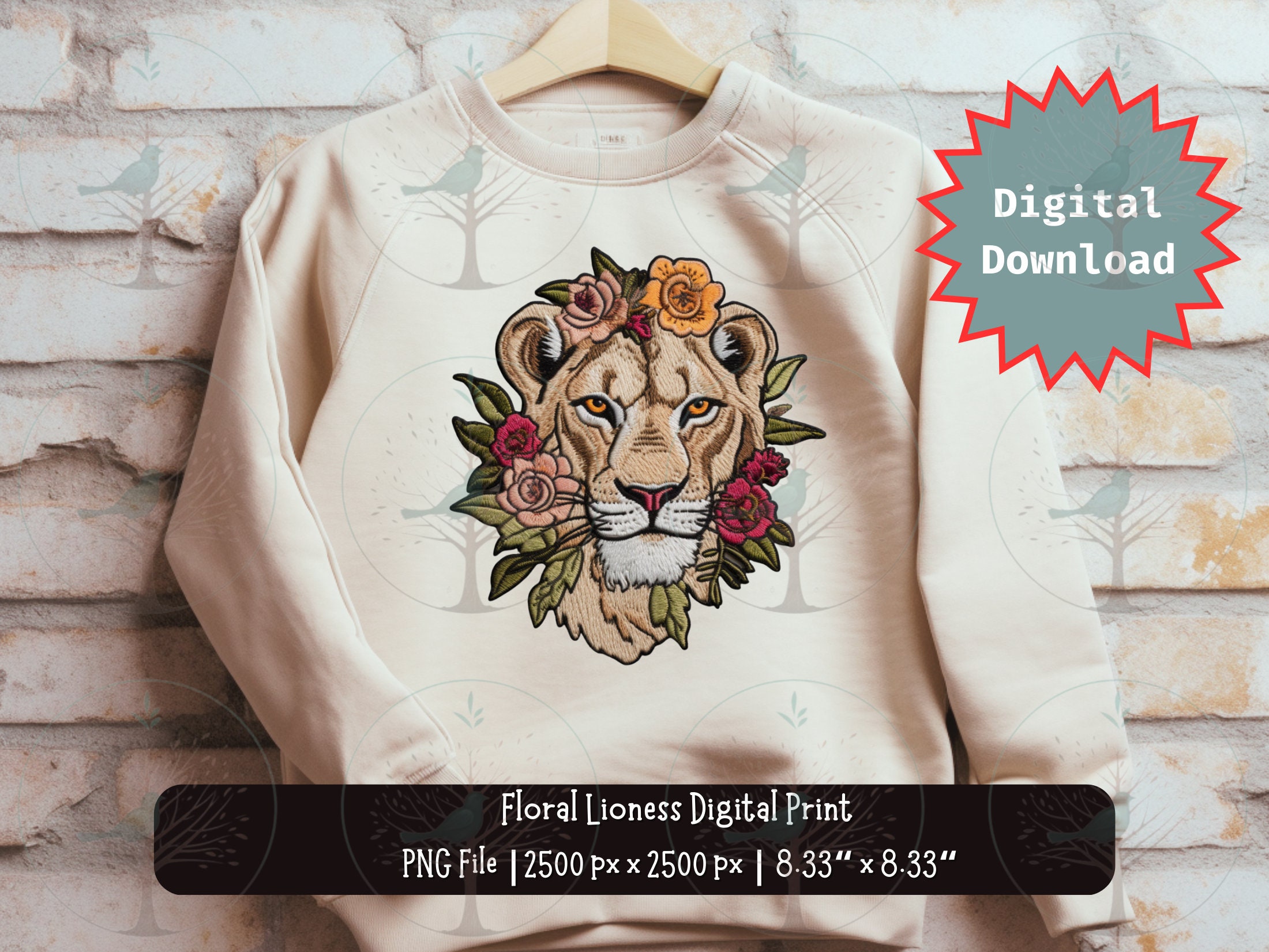 Floral Lioness Faux Embroidery Patch, Safari Animal PNG (digital File ...