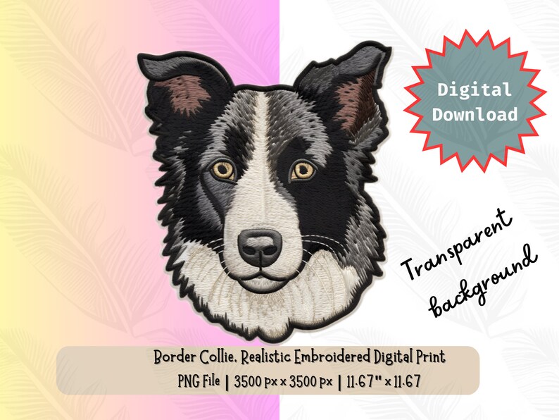 Border Collie Embroidery Clip Art, Realistic Dog Design (PNG Digital ...