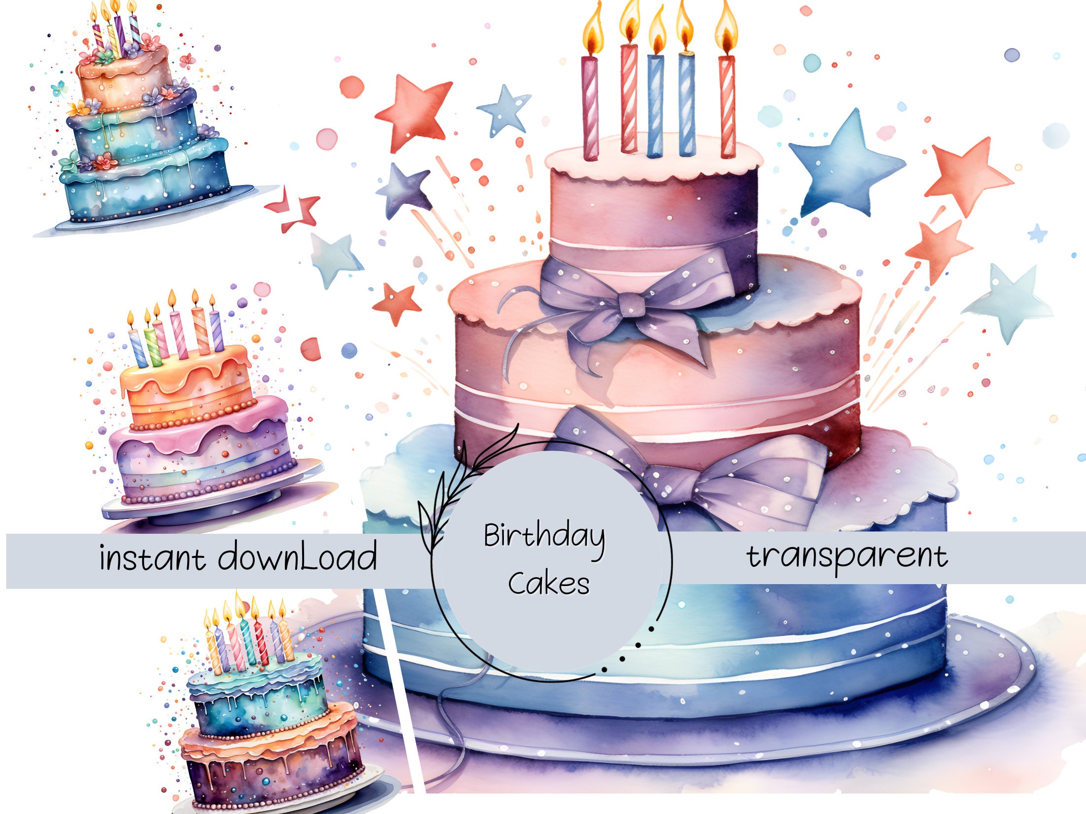 Birthday Party Cake Watercolor Clipart, Junk Journals, Digital PNG ...