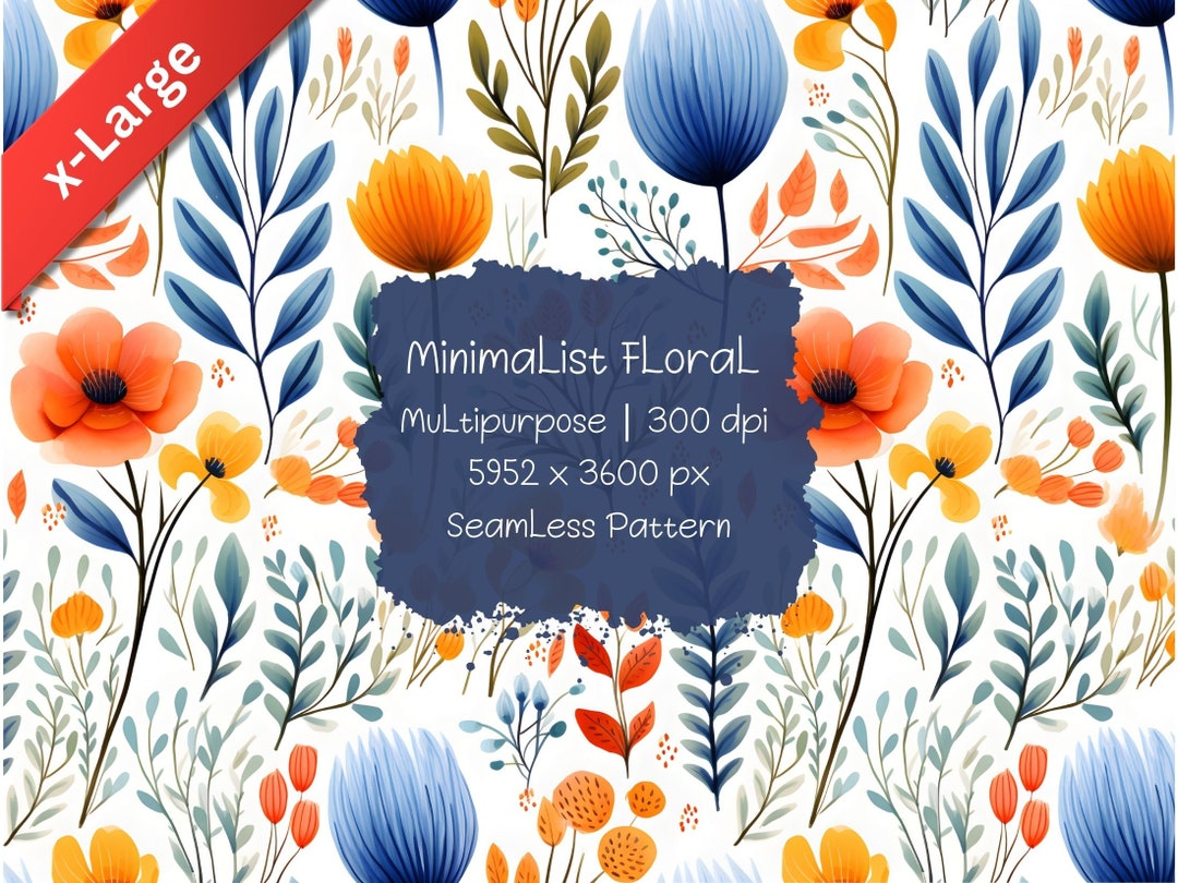 Minimalist Blue Floral, Botanical Pattern, Digital Print, Large ...