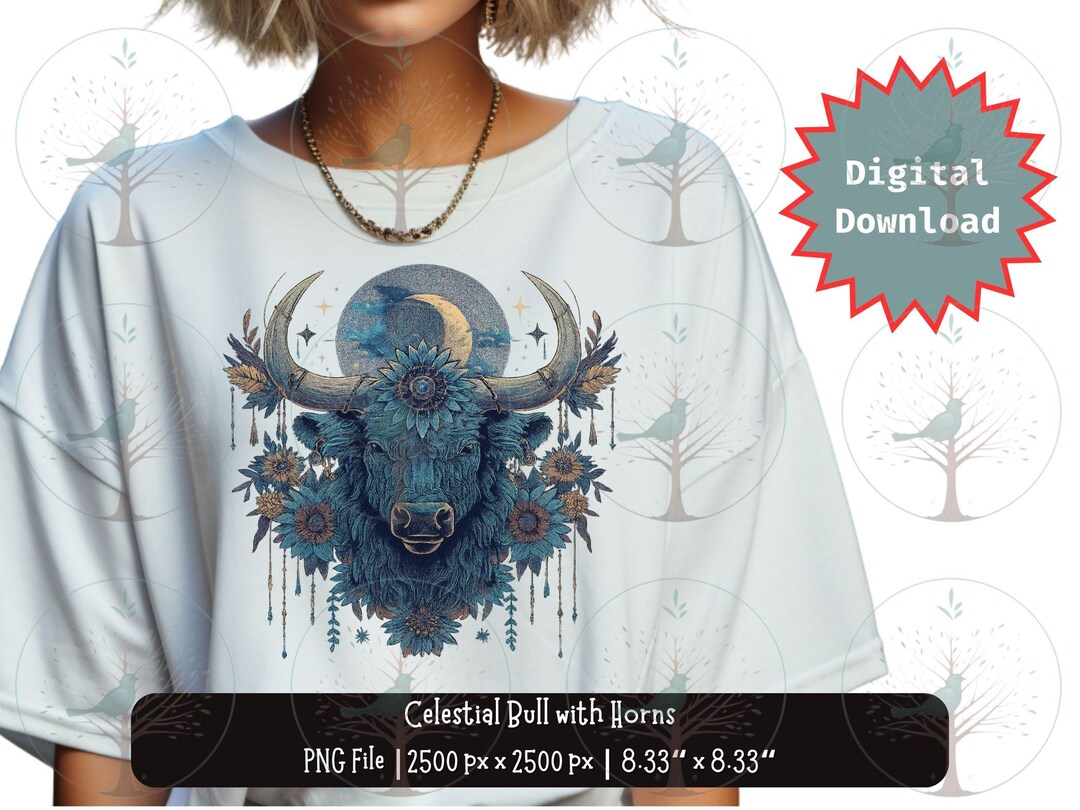 Celestial Taurus Bull PNG, Boho Floral Moon Clipart, Zodiac Bull Art ...