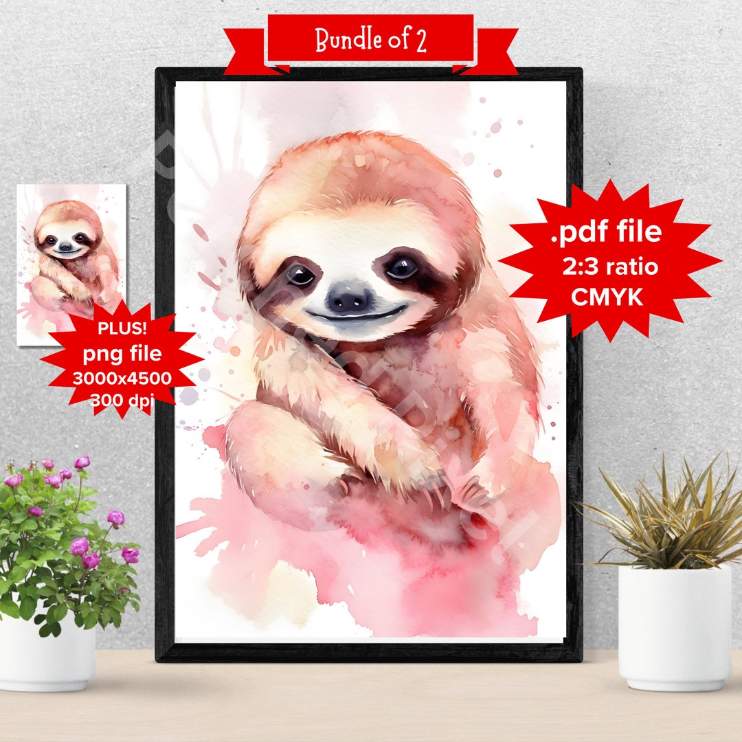 Watercolor Sloth Print, Pink Boho Nursery Decor (PNG, PDF) - Etsy