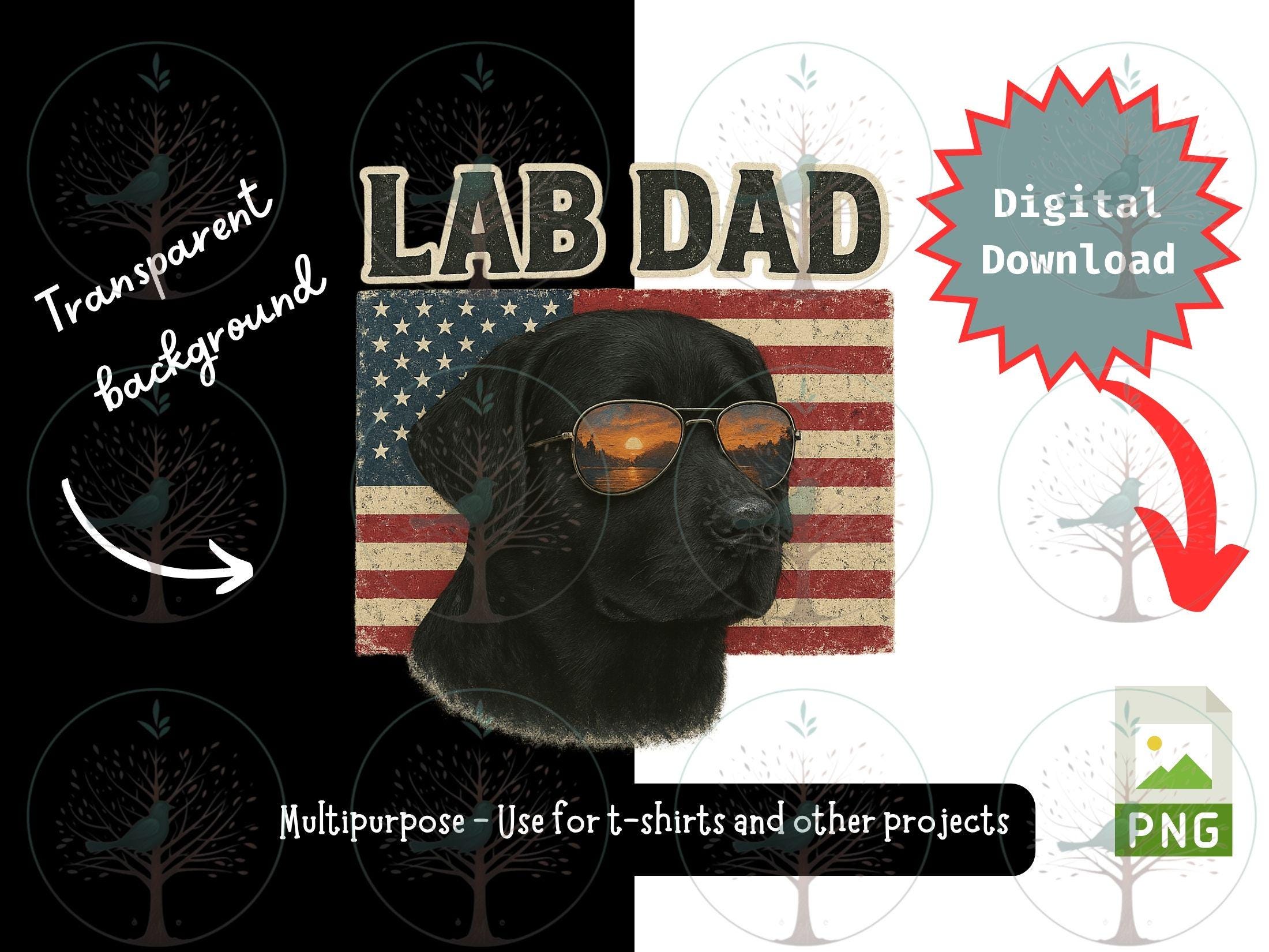 Lab Dad PNG, Patriotic Black Lab Dog Clipart With Sunglasses and Flag ...