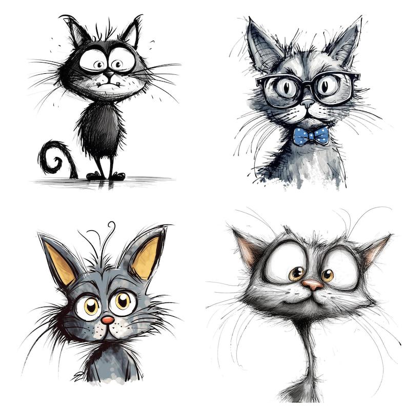 30 Quirky Cat PNG Clipart Bundle, Whimsical Kitten Illustration, Funny ...