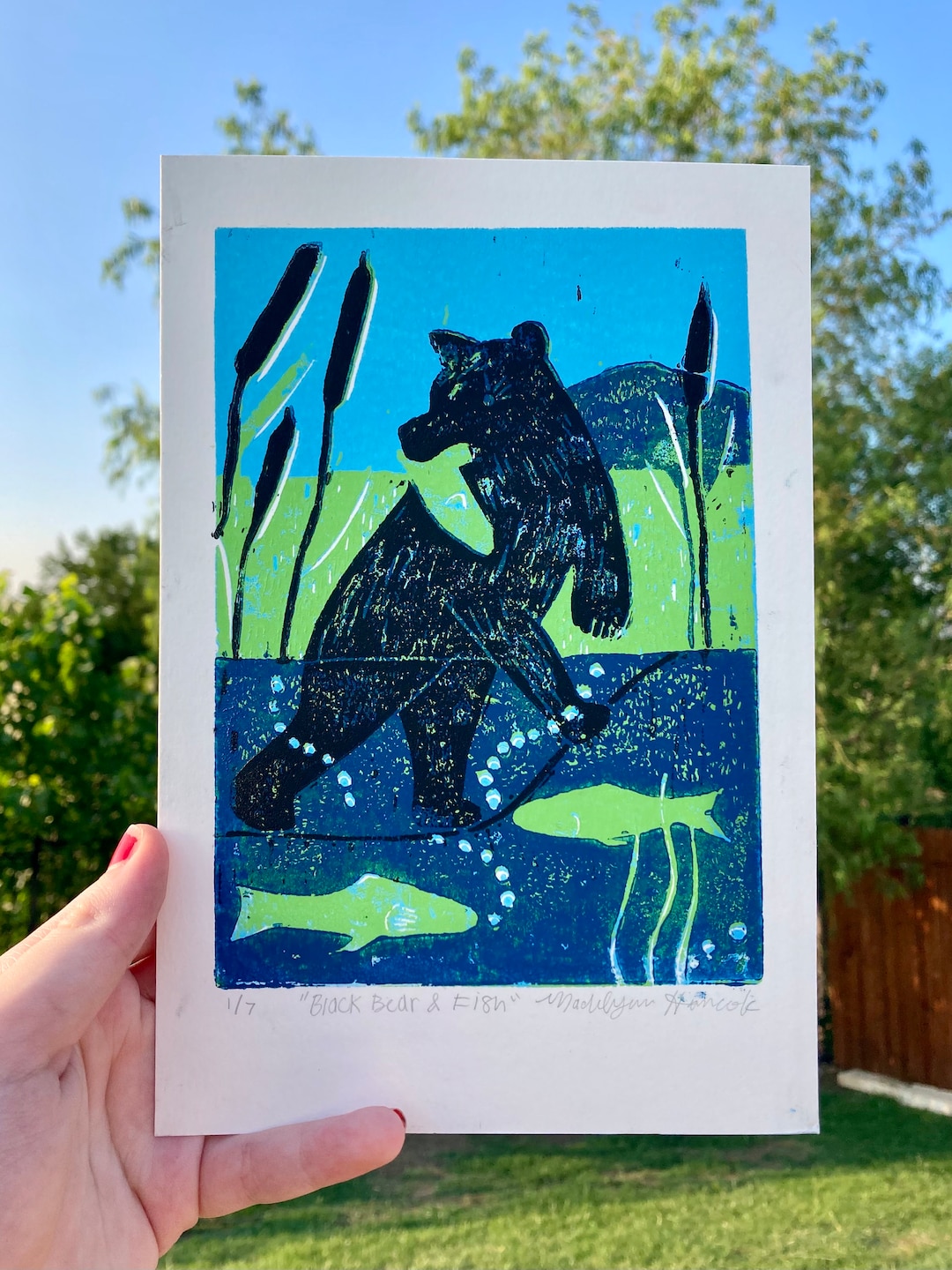 Black Bear and Fish 4 Layer Linoleum Print - Hand Carved and Printed - Etsy