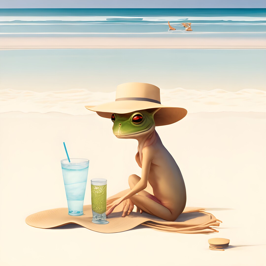 Frog on Beach With Cold Drink , Mom Gift, Husband Gift, Boyfriend Gift ...