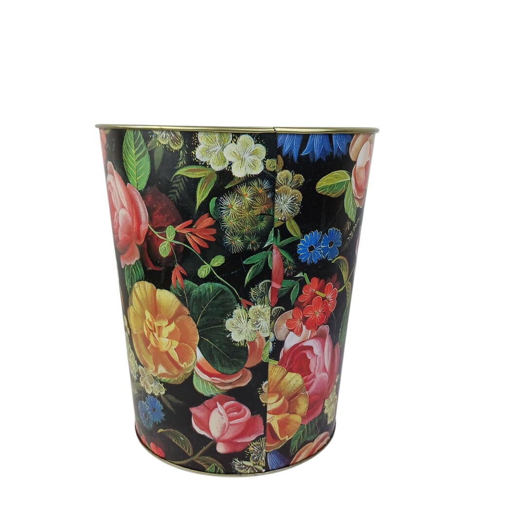 Vintage Floral Trash Waste Rubbish Bin Painted Metal Can Shabby Cottage ...