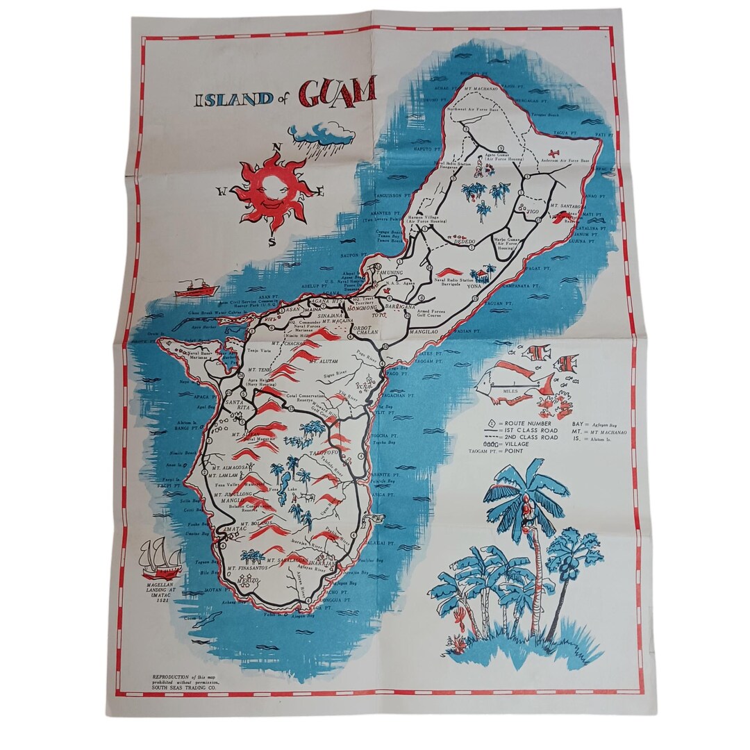 Map of Guam Vintage Cartoon Illustrated Navy Souveneir Tourist Rare ...