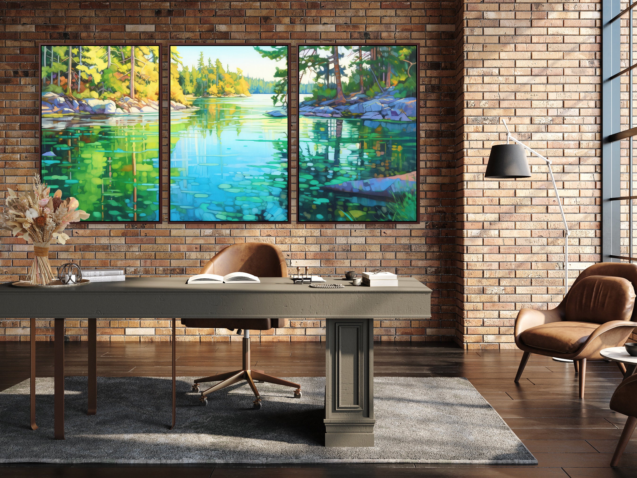 Lake View Canvas Print | 3 Panel Wall Art | | River Cabin Decor | Lake ...