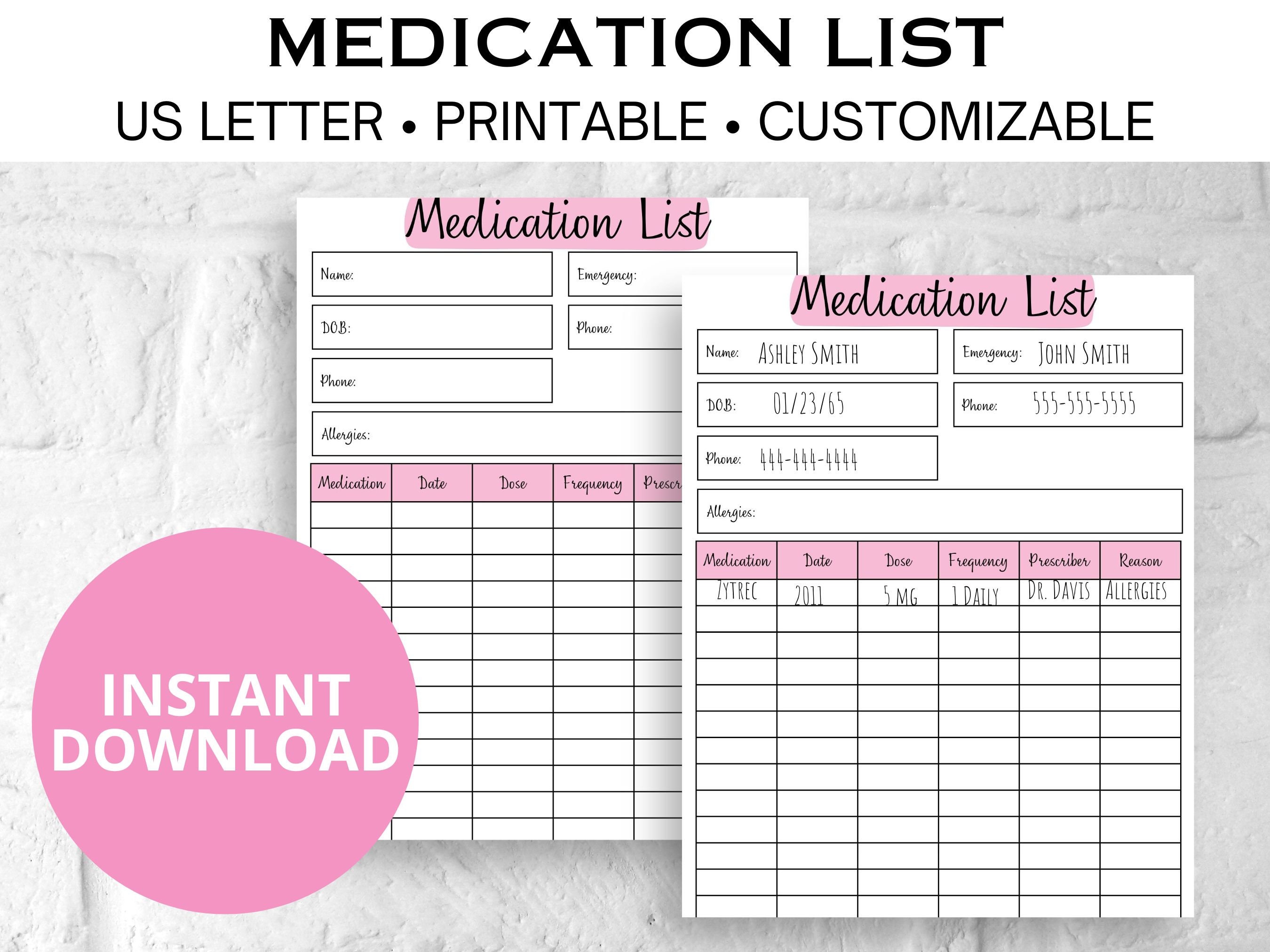 Medication List Printable Pink - Etsy
