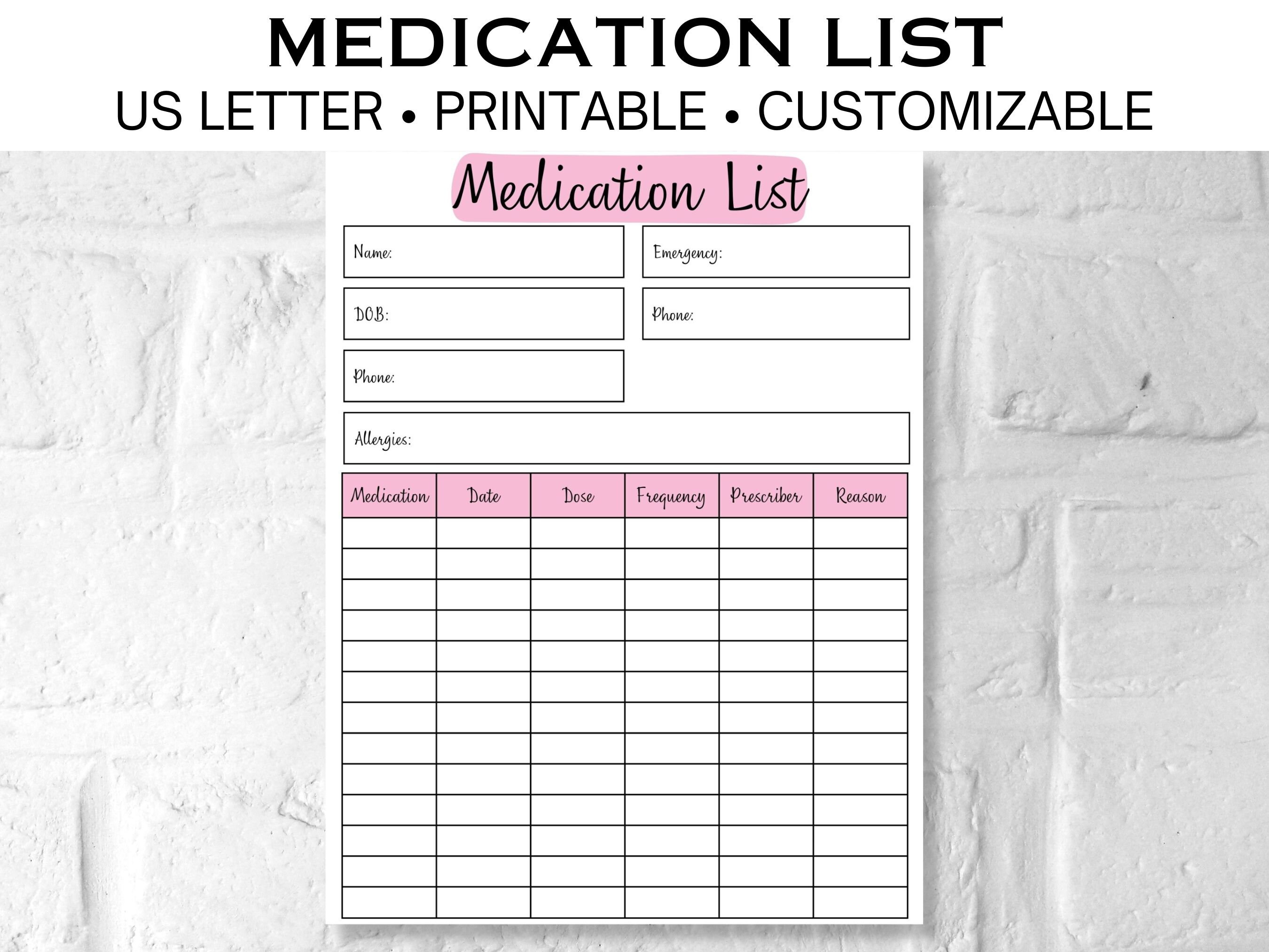 Medication List Printable Pink - Etsy