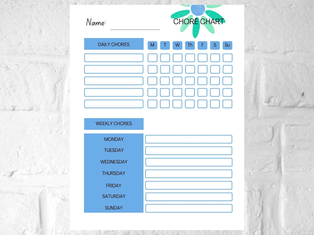 Chore Chart Printable Blue Flower - Etsy