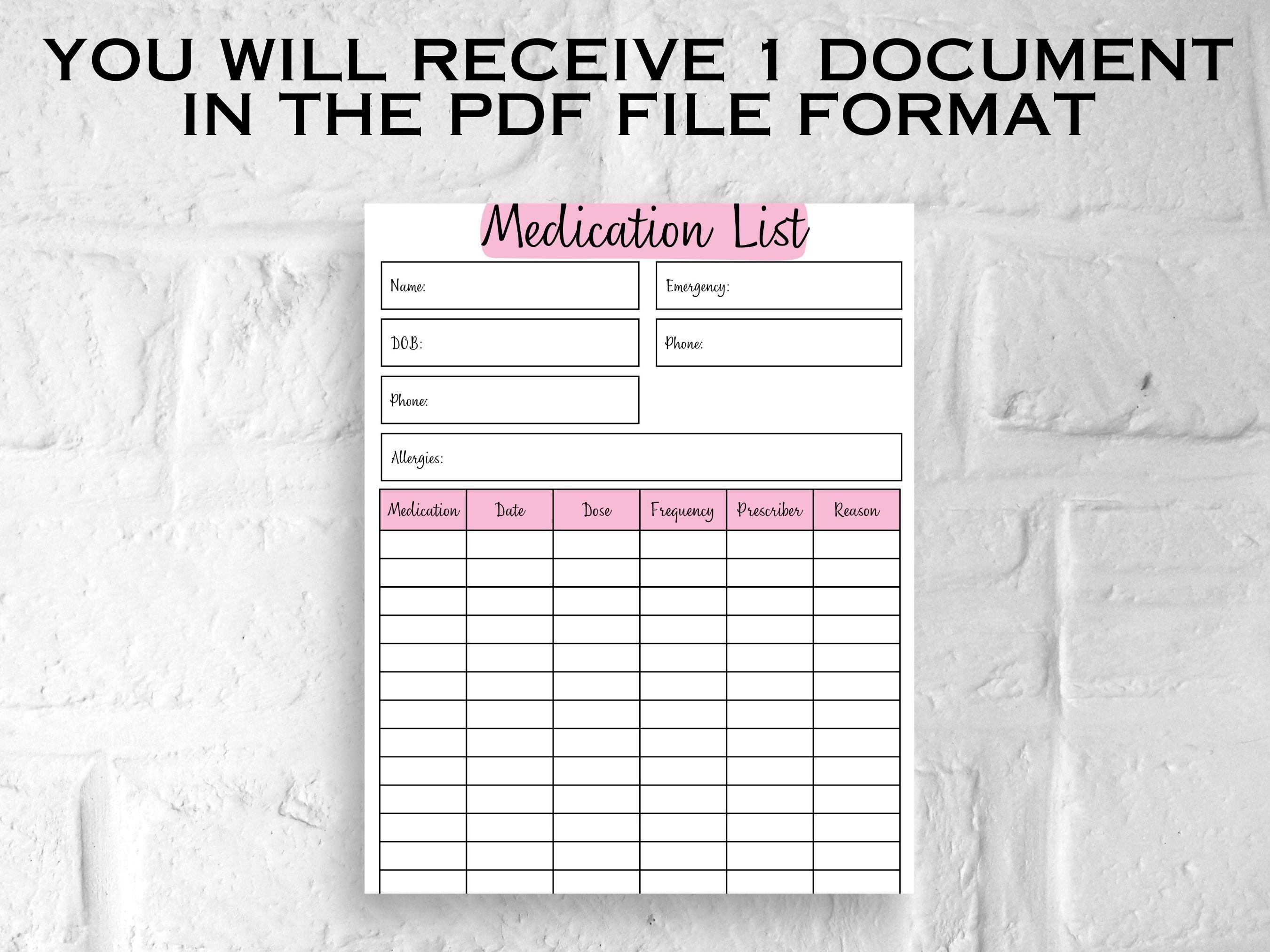 Medication List Printable Pink - Etsy