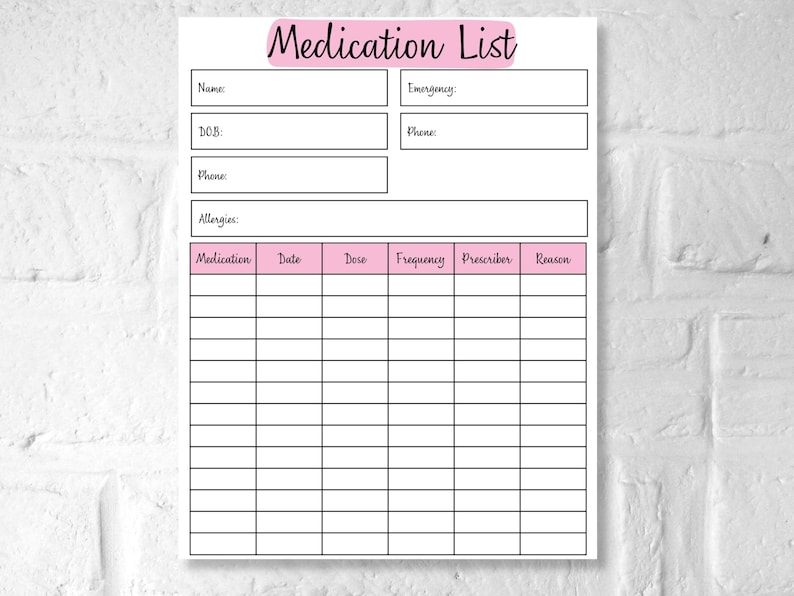 Medication List Printable Pink - Etsy