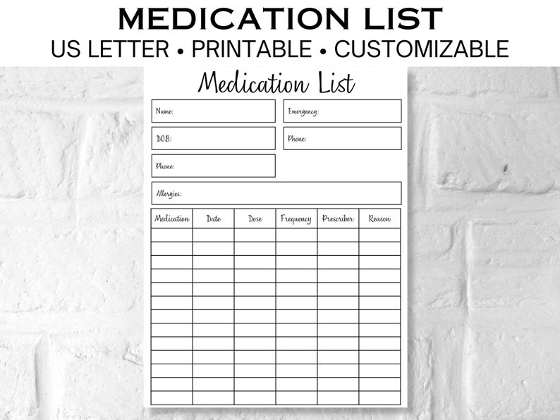 Medication List Printable Plain - Etsy