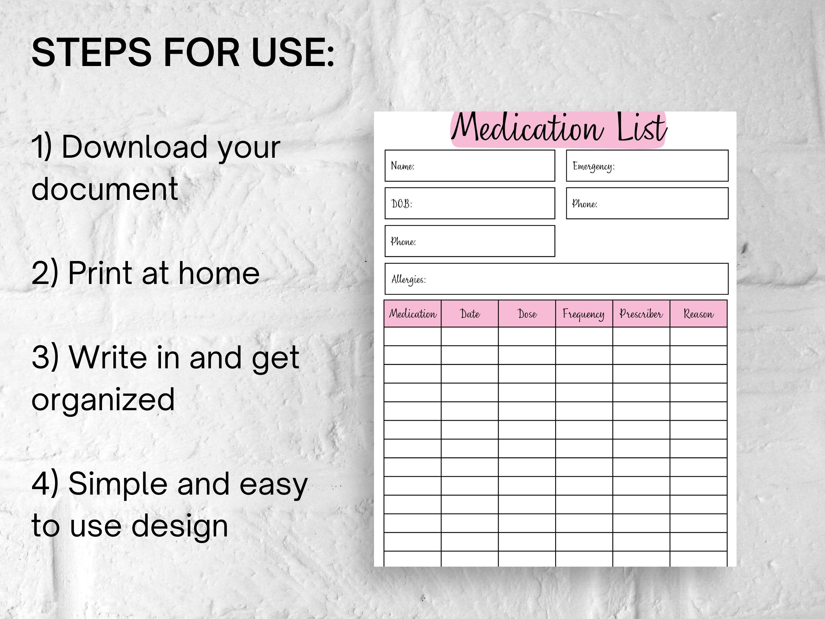 Medication List Printable Pink - Etsy