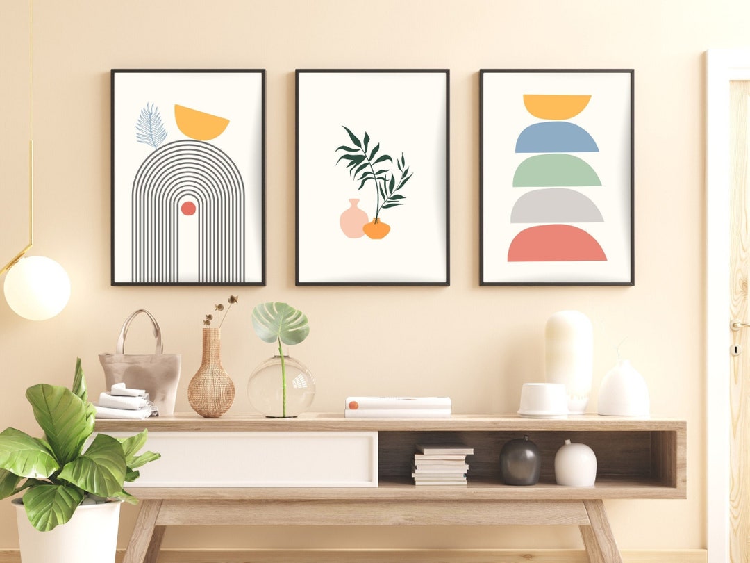 Set of 3 WOOD FRAMED Boho Wall Art Minimalistic Colorful Wall Decor ...