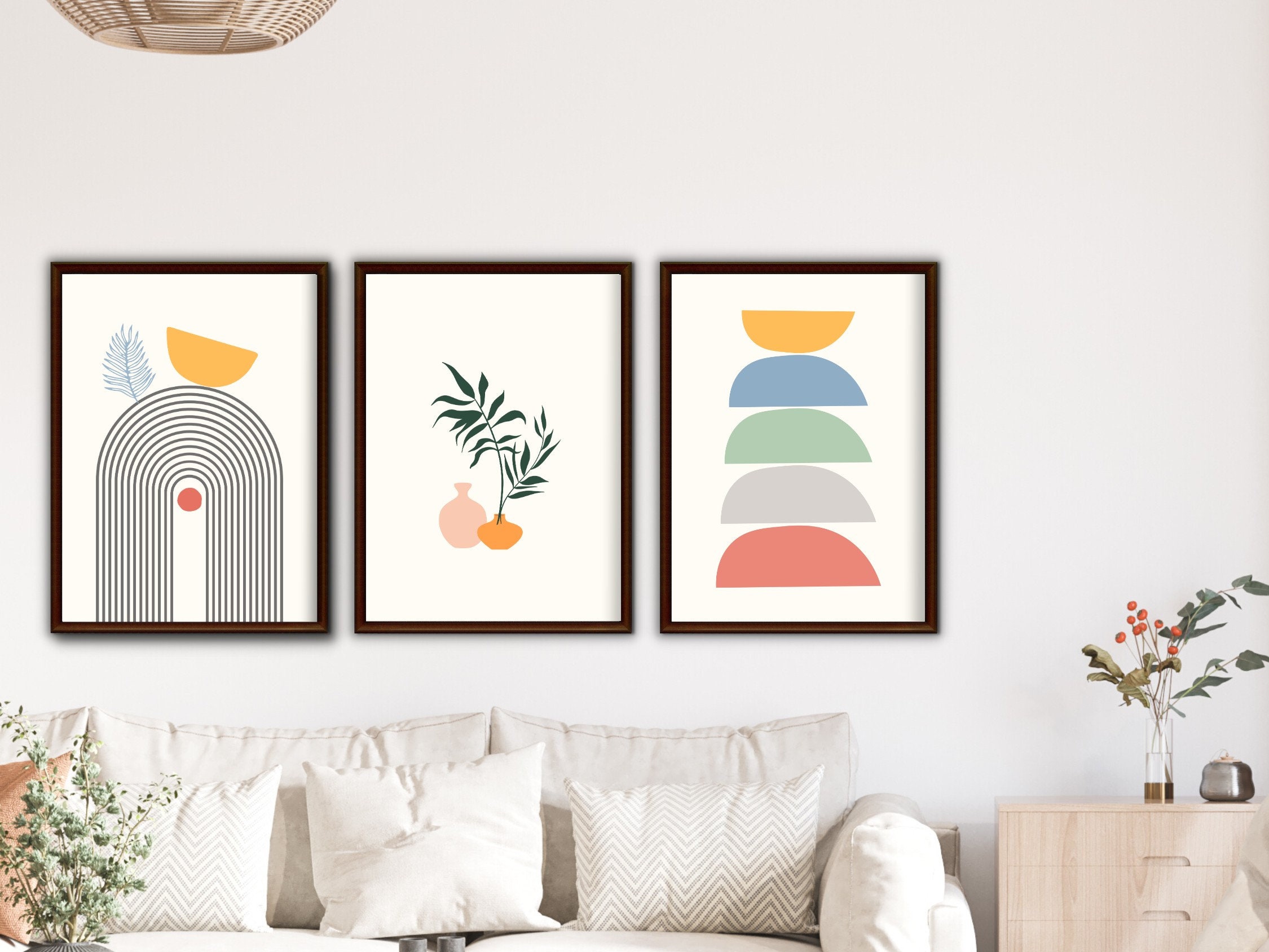 Set of 3 WOOD FRAMED Boho Wall Art Minimalistic Colorful Wall Decor ...
