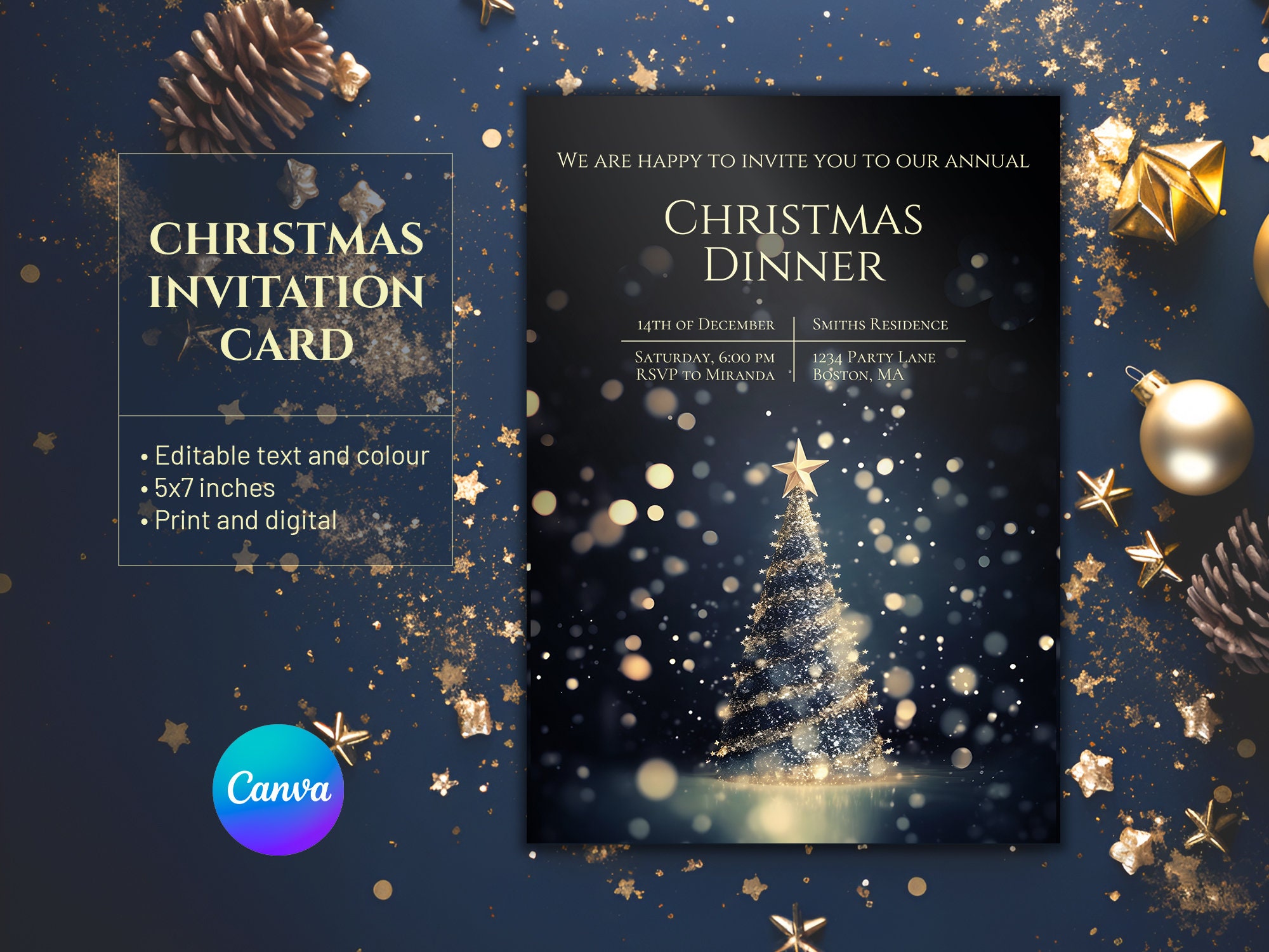 Editable Christmas Dinner Invitation, Dark Theme Party Invitation ...
