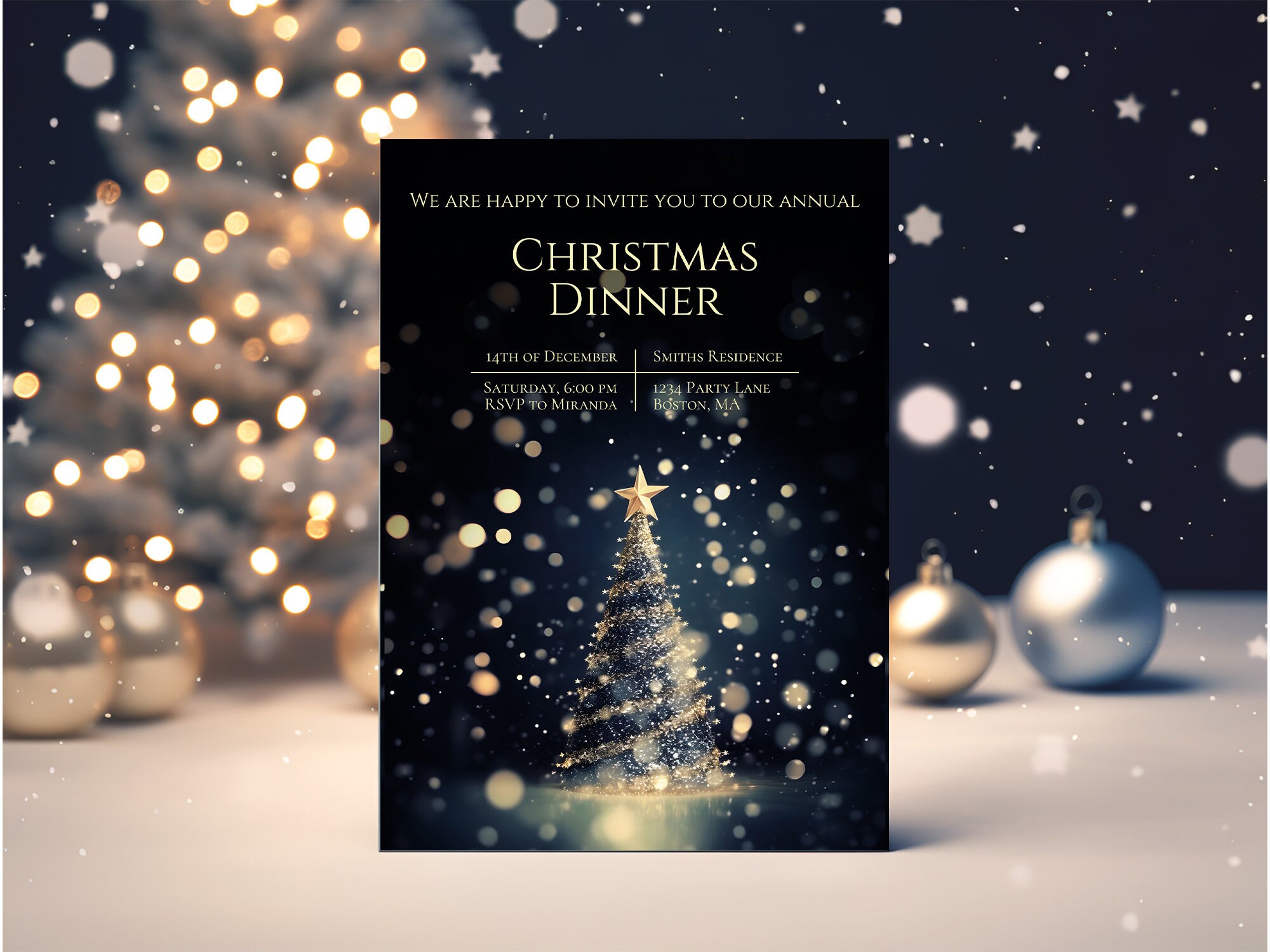 Editable Christmas Dinner Invitation, Dark Theme Party Invitation ...