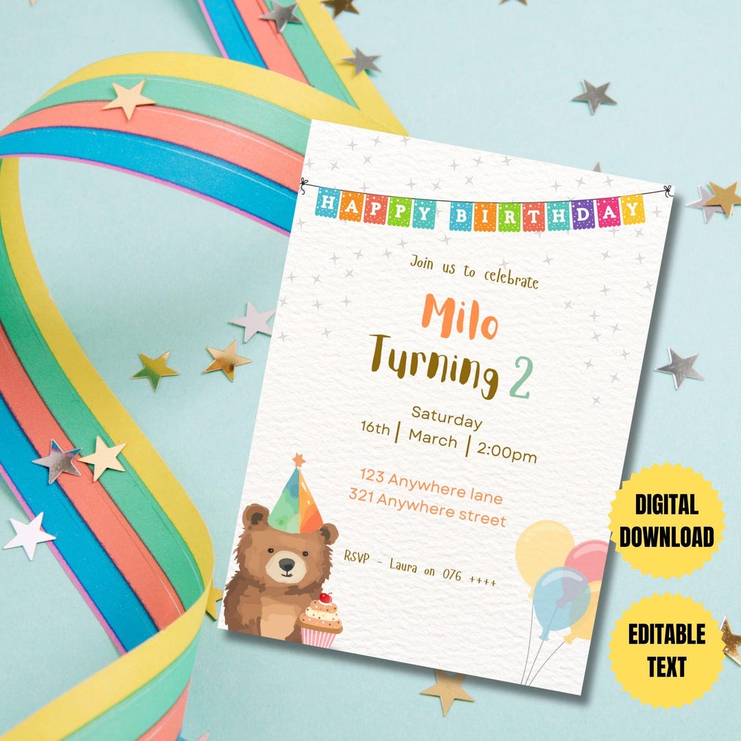 Editable Childrens Bear Party Invitation Template, Party Invite for ...