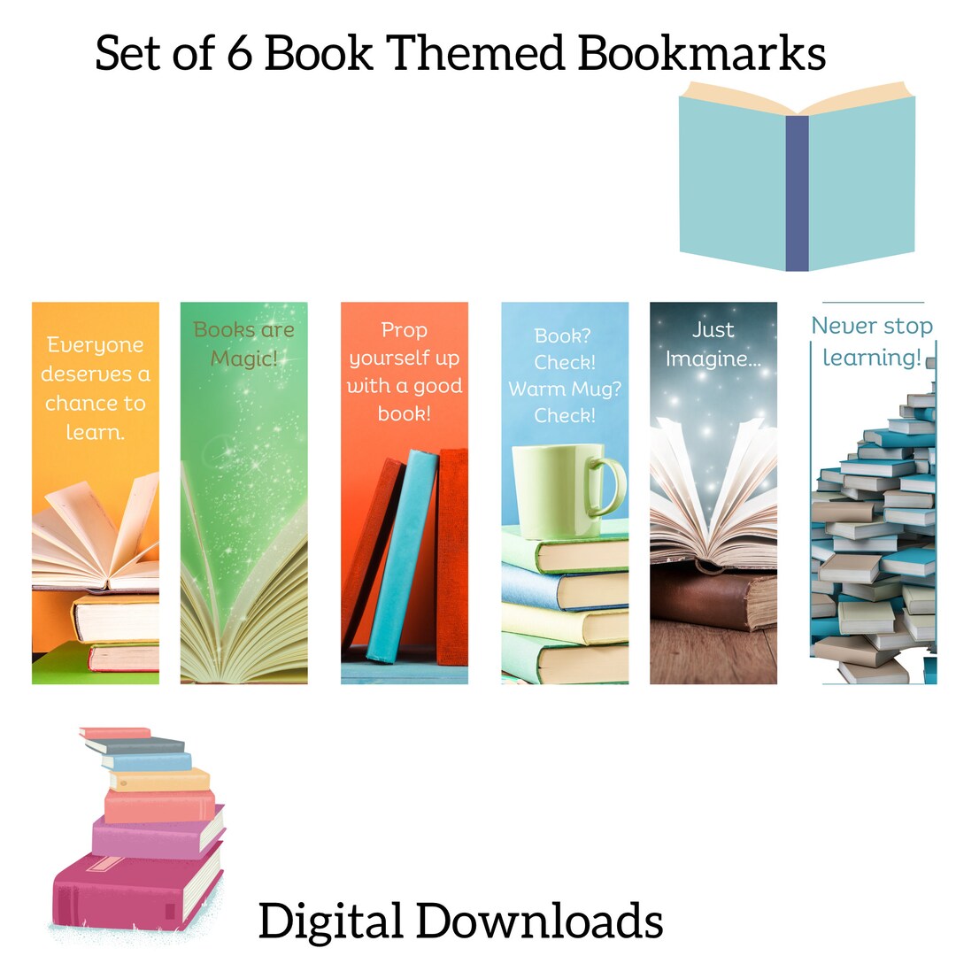 Set of 6 Book Themed Bookmarks, Learning Bookmarks, Magic of Reading ...