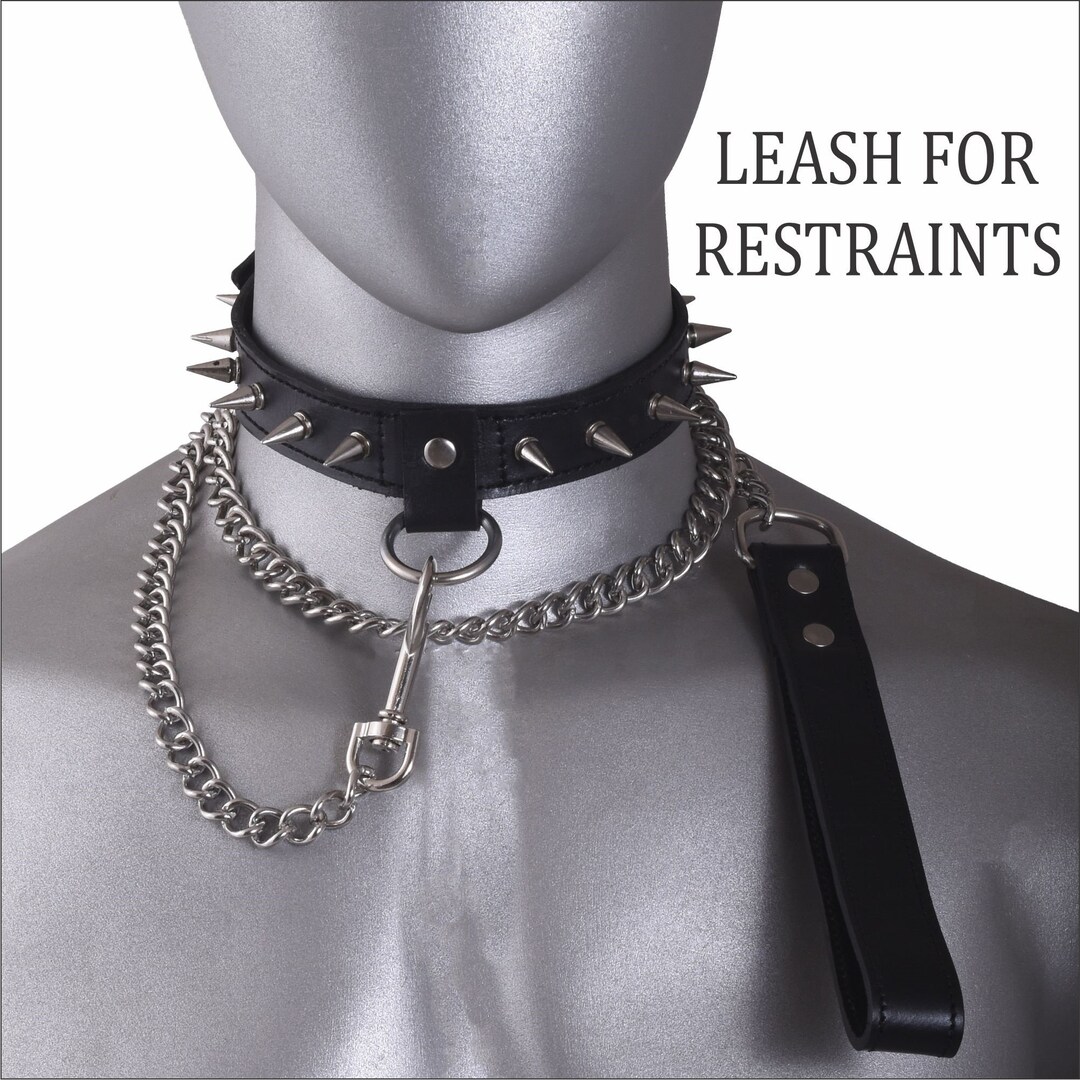 Real Leather Spiked Choker Collar With Leash Black Leather - Etsy