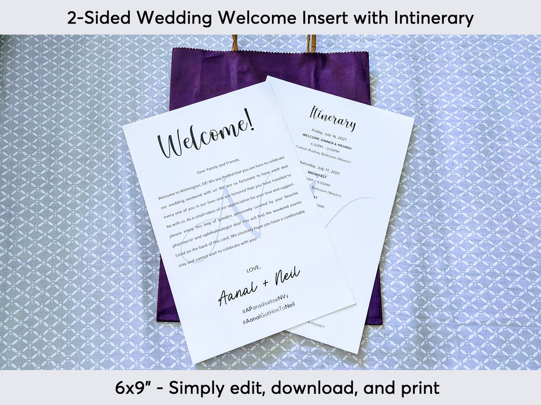 Wedding Welcome Bag Insert Letter With Itinerary, Minimalistic 6x9 ...