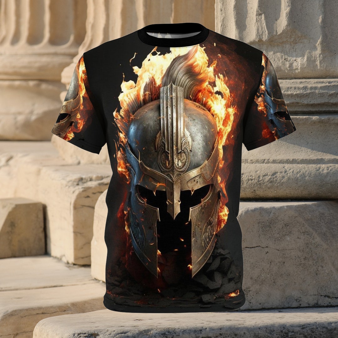 Flaming Spartan Helmet Print Tee: Warrior Gift - Etsy