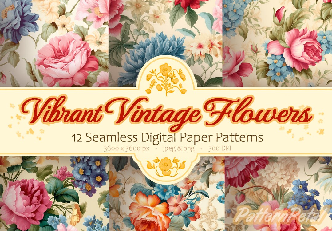 Vibrant Vintage Flowers Floral Digital Paper Seamless Repeating Pattern ...