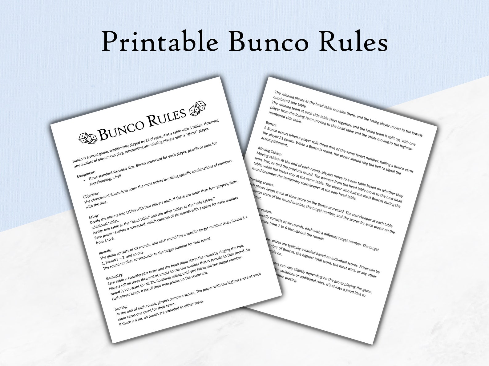 Bunco Score Card and Tally Sheet, Table Cards, Bunco Rules and ...