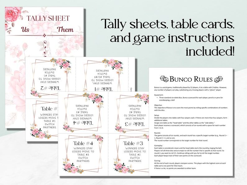 Floral Bunco Game Score Card and Tally Sheet, Spring Summer Theme Bunco ...