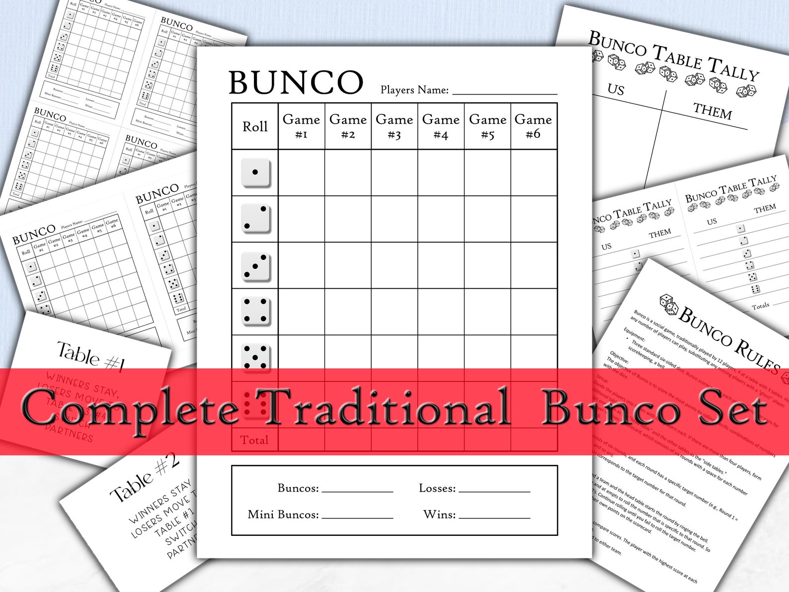 Bunco Score Card and Tally Sheet, Table Cards, Bunco Rules and ...